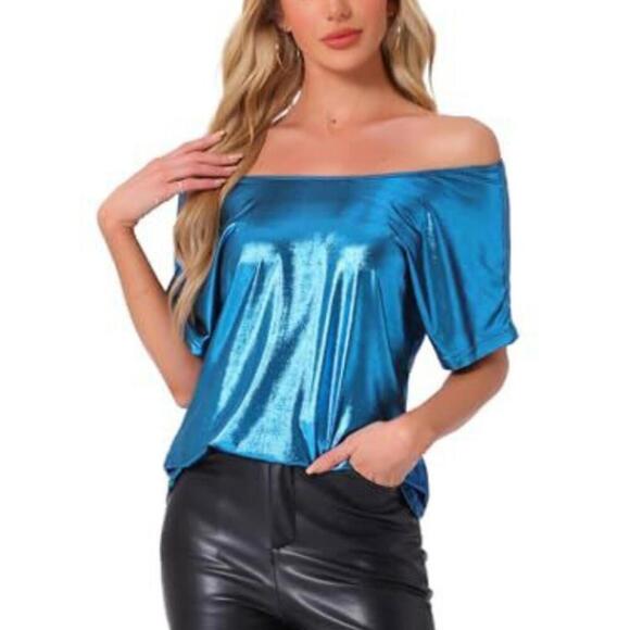 Tops | Stylish Offshoulder Metallic Blue Top | Poshmark